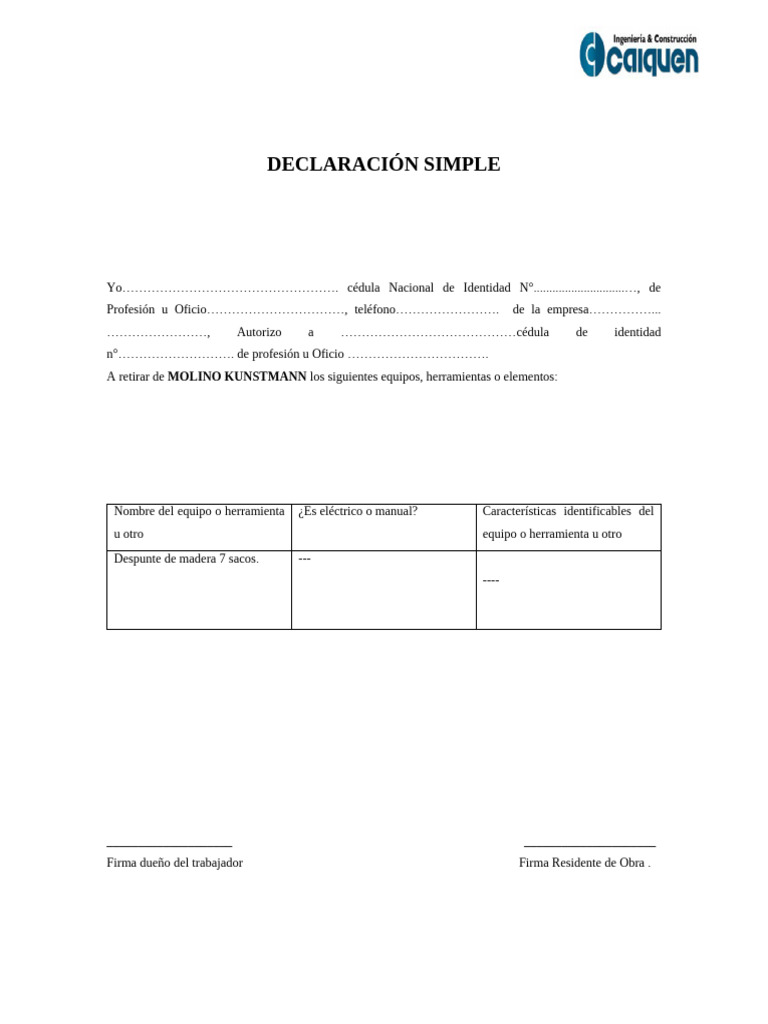 DECLARACIÓN SIMPLE RETIRAR HERRAMIENTAS | PDF