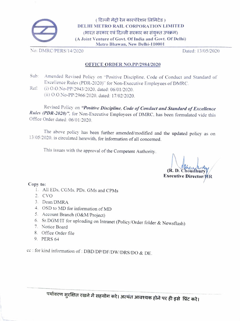 POSITIVE DISCIPLINE CODE OF CONDUCT AND STANDARD OF EXCELLENCE RULES (PDR-2020) FOR NON ...