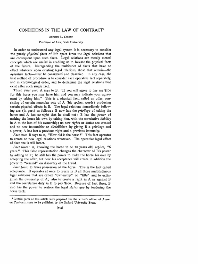 Conditions in The Law of Contract Corbin | PDF | Intention | Civil Law ...