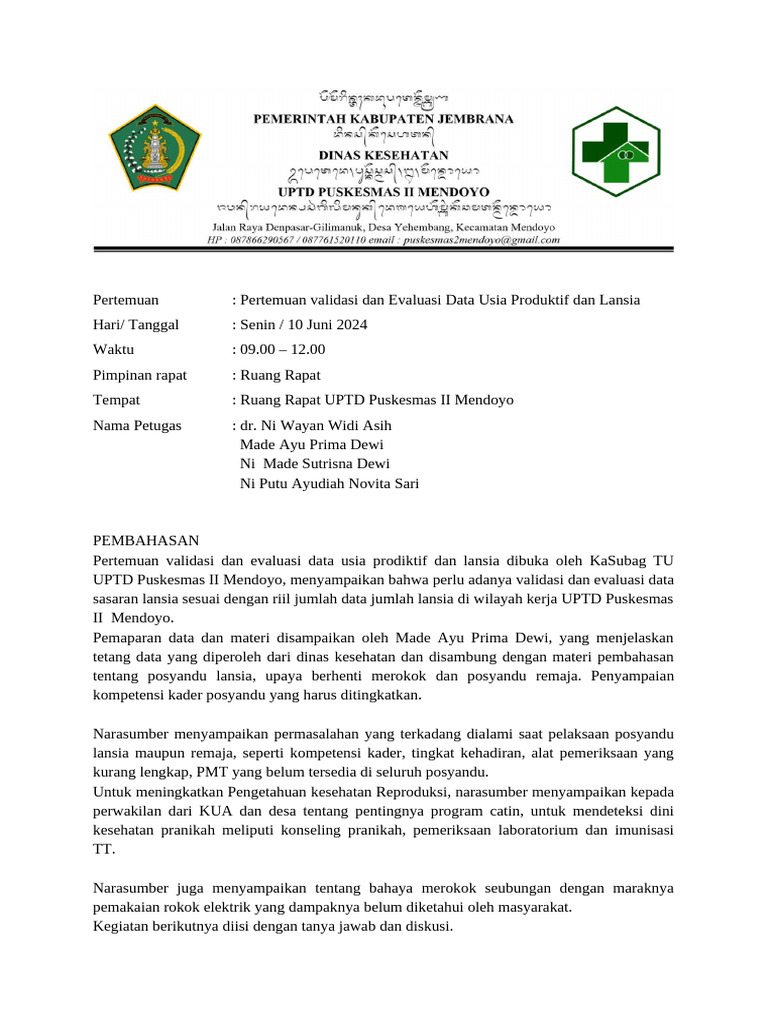 Notulen Pertemuan Validasi Dan Evaluasi Data Usia Produktif Dan Lansia ...