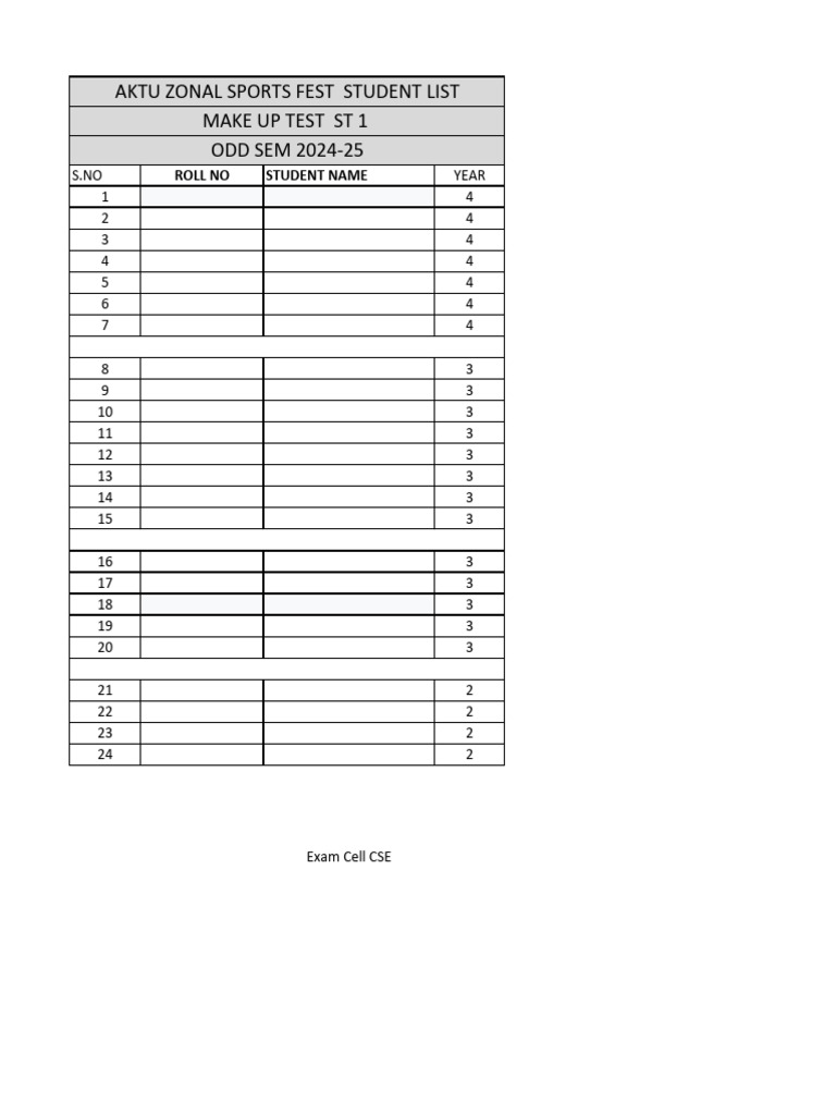 AKTU Zonal Fest Sports - Eligible Students List - CSE and CS Hindi (All Years) Odd Sem 2024 | PDF