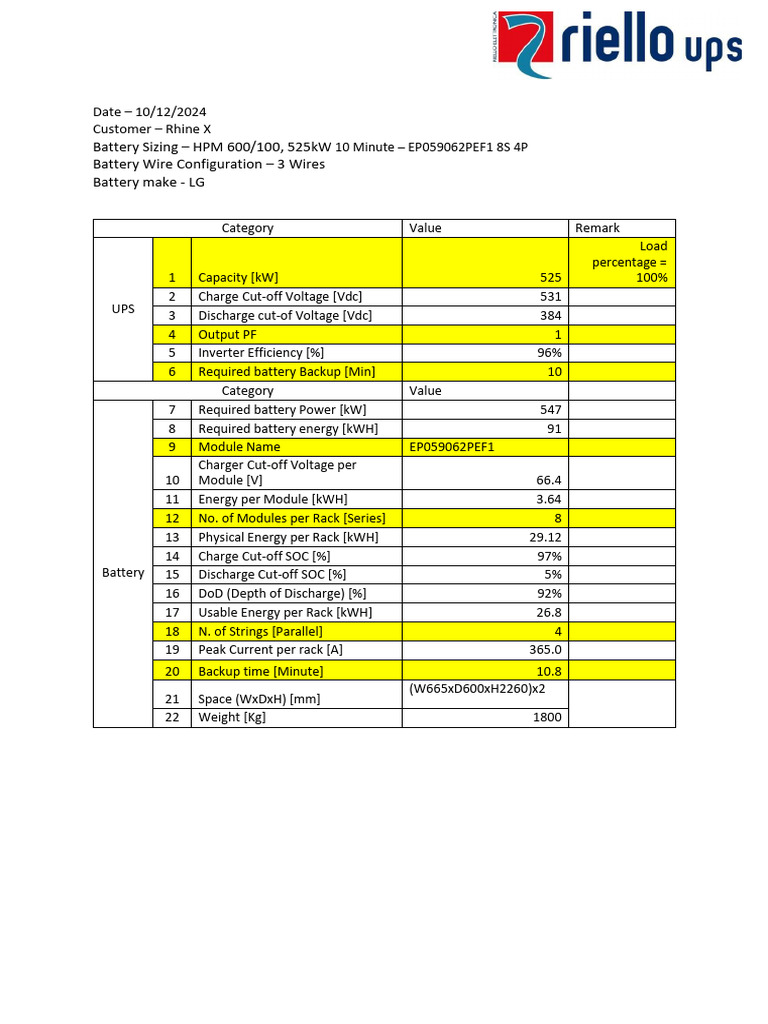 UPS Battery Sizing for Rhine X | PDF