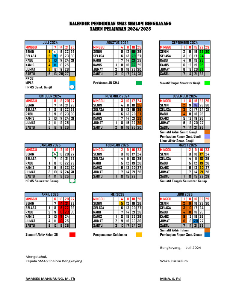 Kalender Pendidikan SMAS Shalom 2024/2025 | PDF