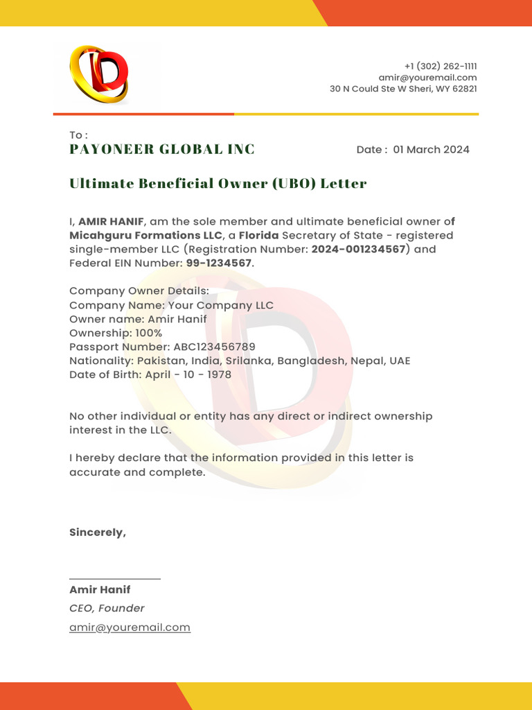 Ultimate Beneficial Owner (UBO) Letter: Payoneer Global Inc | PDF