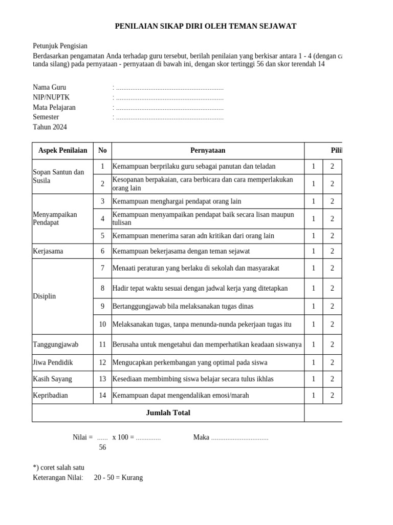 Teman Sejawat - Instrumen Penilaian Sikap Guru Oleh Teman Sejawat | PDF