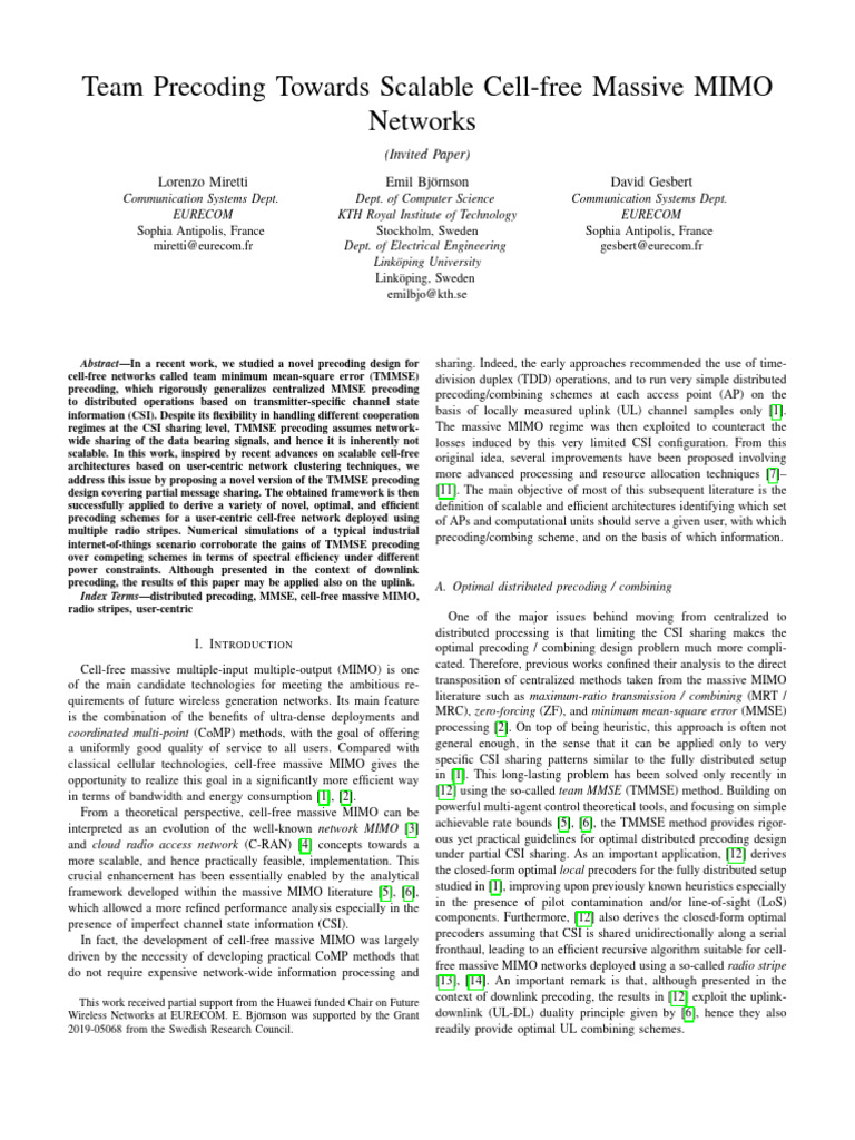 Team Precoding Towards Scalable Cell-Free Massive | PDF | Mimo | Applied Mathematics