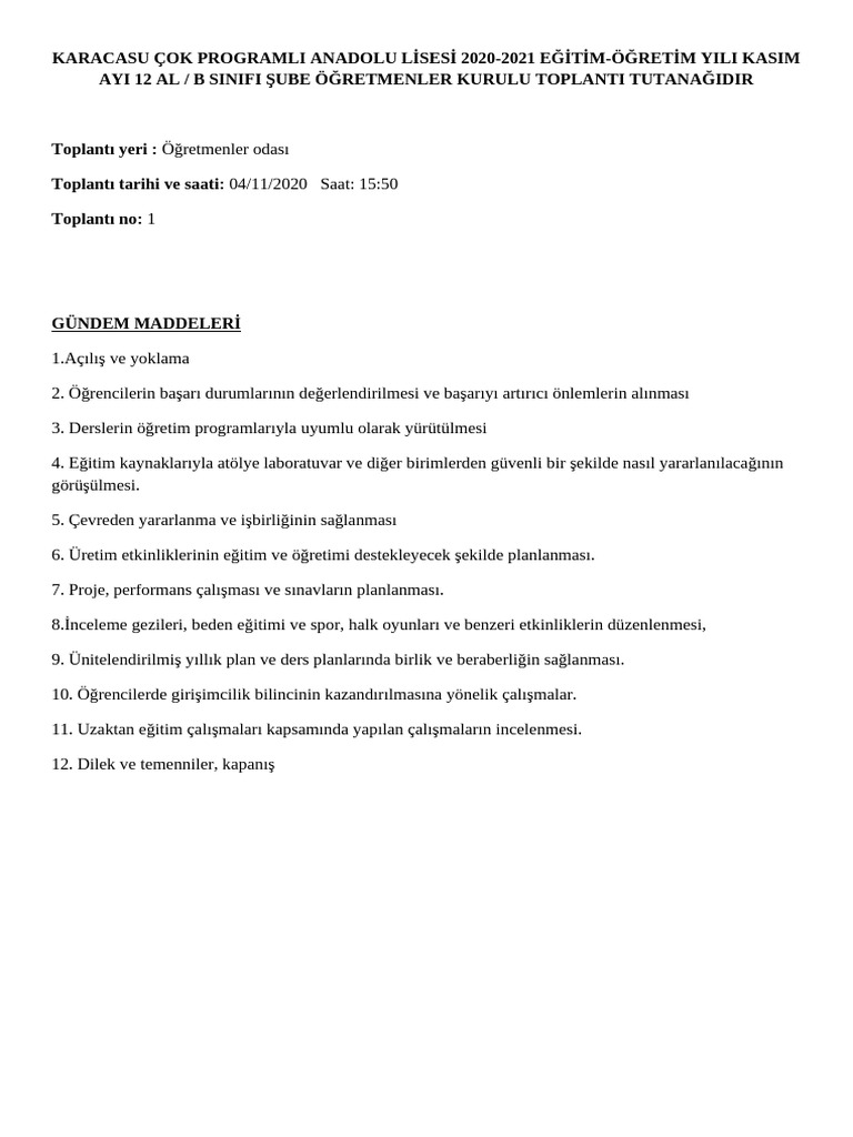 12.Sinif Kasim Ayi Sube Ogretmenler Kurulu Toplanti Tutanagi | PDF