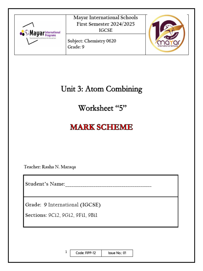 Worksheet 5 - Unit 3 Atom Combining MS | PDF | Chemical Compounds ...