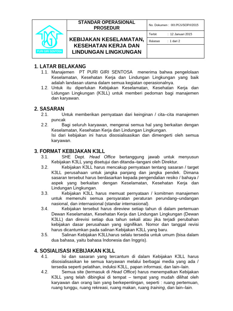 Sop Kebijakan K3LL | PDF