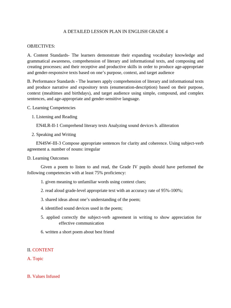 Grade 4 English Reading Lesson Plan | PDF | Reading Comprehension | Plural