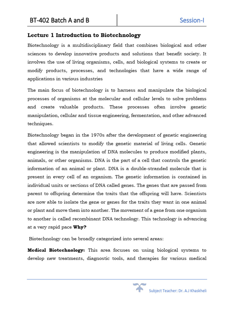 BT-402 Student Lecture Materials - S-1 | PDF | Nucleic Acids | Dna