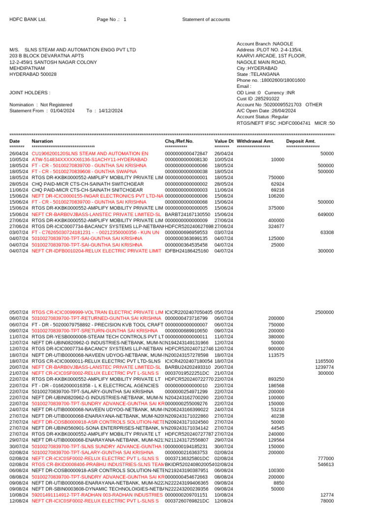 HDFC Bank Account Statement 2024 | PDF | Financial Economics | Corporations