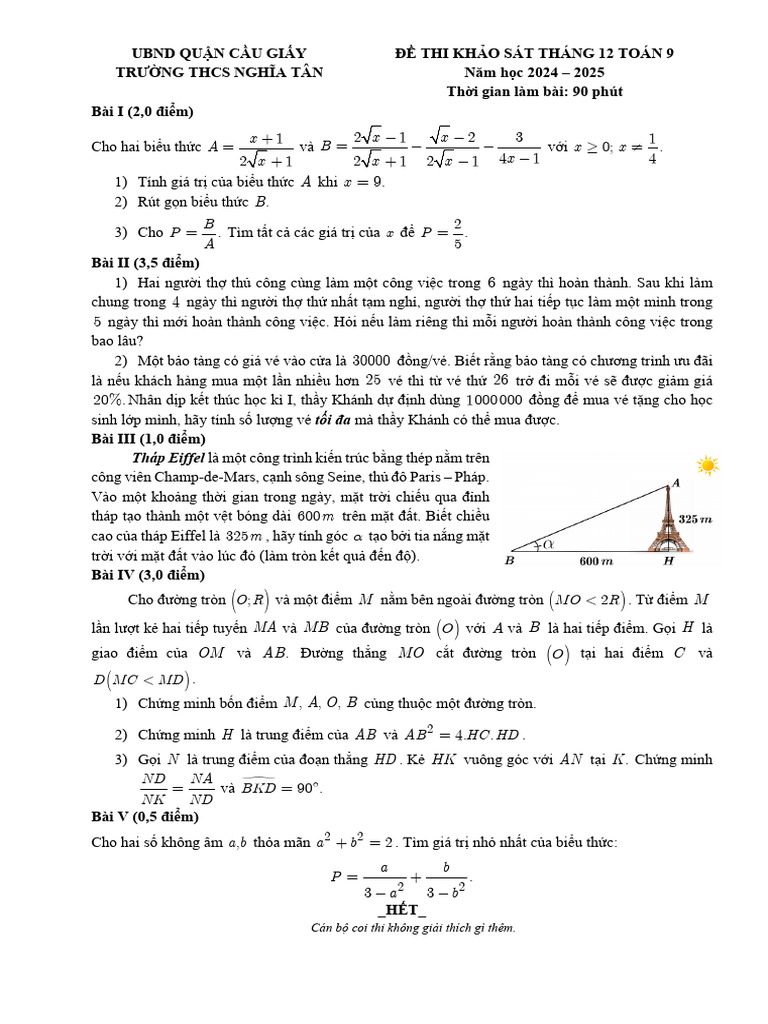 De Khao Sat Thang 12 Toan 9 Nam 2024 2025 Truong Thcs Nghia Tan Ha Noi | PDF