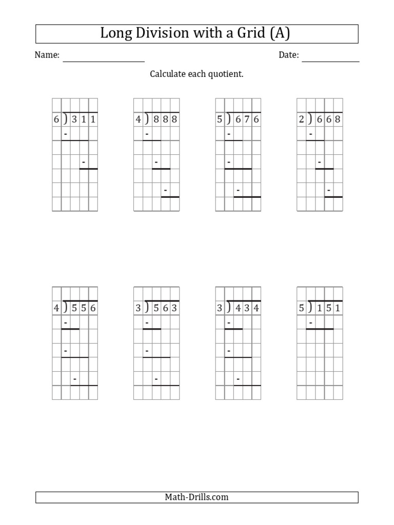 Division Long Grid 1digit Divisor 3digit Dividend Prompts Remainders ...