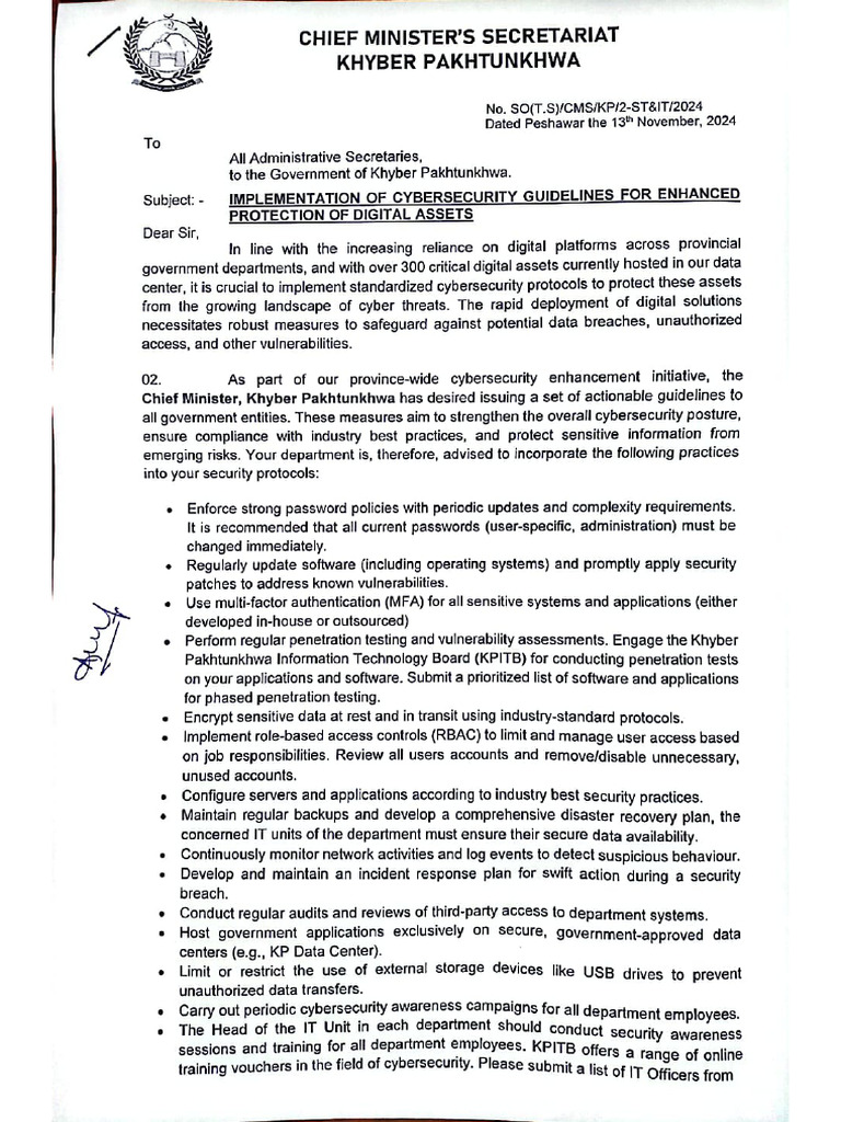 Cybersecurity Guidelines by CM Sectt | PDF