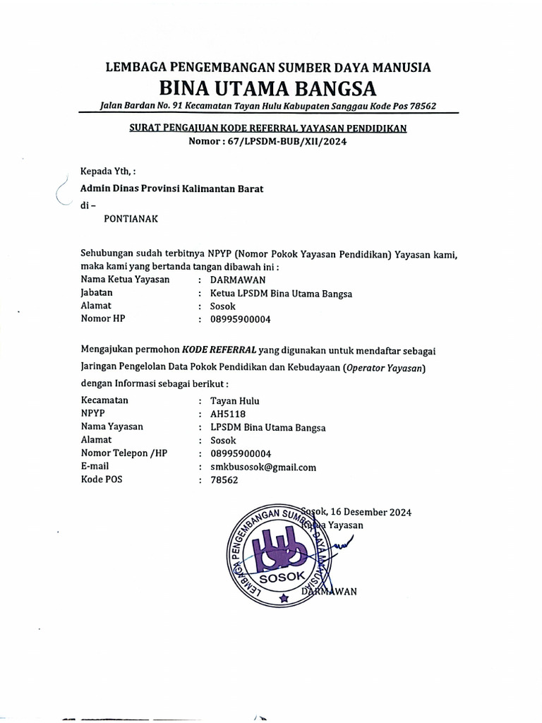 SURAT PENGAJUAN KODE REFERRAL YAYASAN PENDIDIKAN | PDF