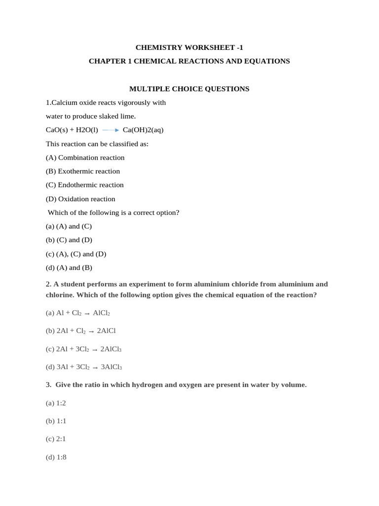 MCQ Worksheet CH 1 Class 10 | PDF | Oxide | Chemical Reactions