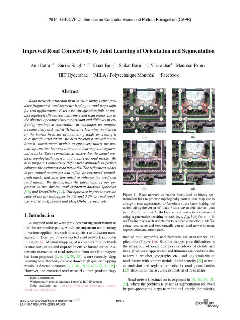 Improved Road Connectivity by Joint Learning of Orientation and Segmentation | PDF | Image ...