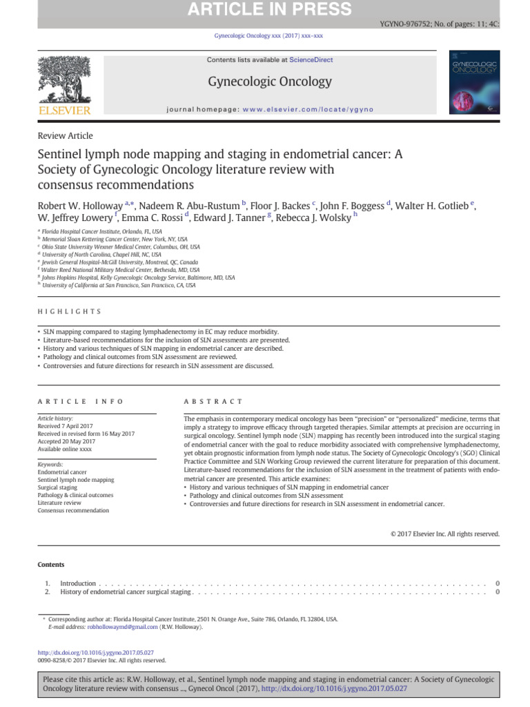 Sentinel Lymph Node Mapping and Staging in Endometrial Cancer. Holloway ...