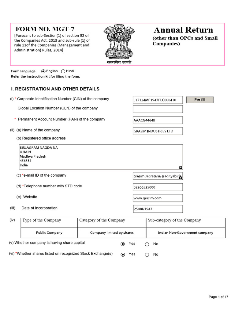 Annual Return Form MGT-7 for Companies | PDF | Securities (Finance ...