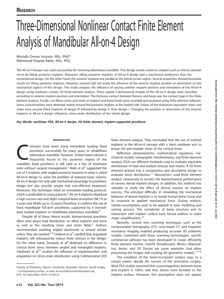 Three Dimensional Nonlinear Contact Finite Element Analysis Of Mandibular All On 4 Design 2015