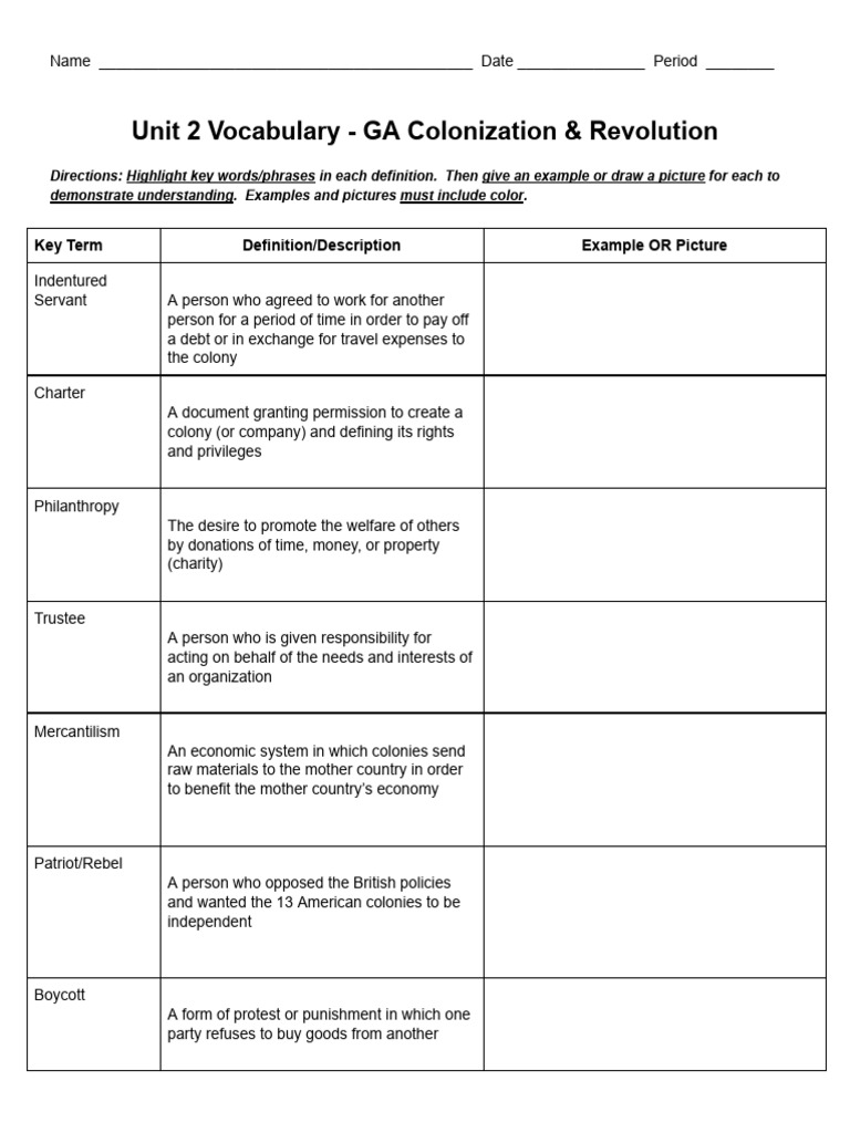 GA Colonization & Revolution Vocabulary | PDF | Loyalist (American ...