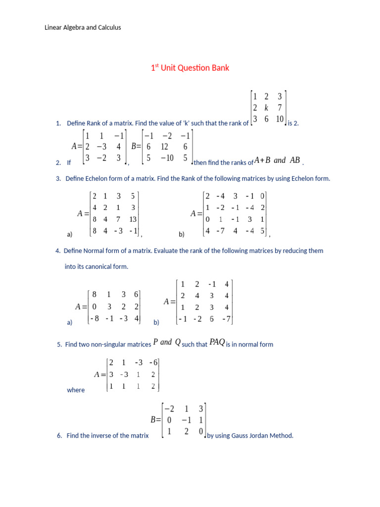 LAC-question bank | PDF | Matrix (Mathematics) | Eigenvalues And Eigenvectors