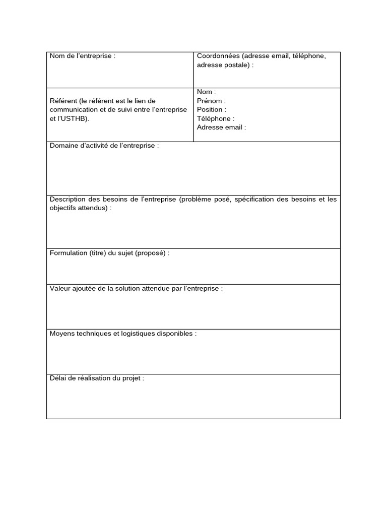 12-12-24- USTHB- Canevas Sujet PFE Entreprise | PDF