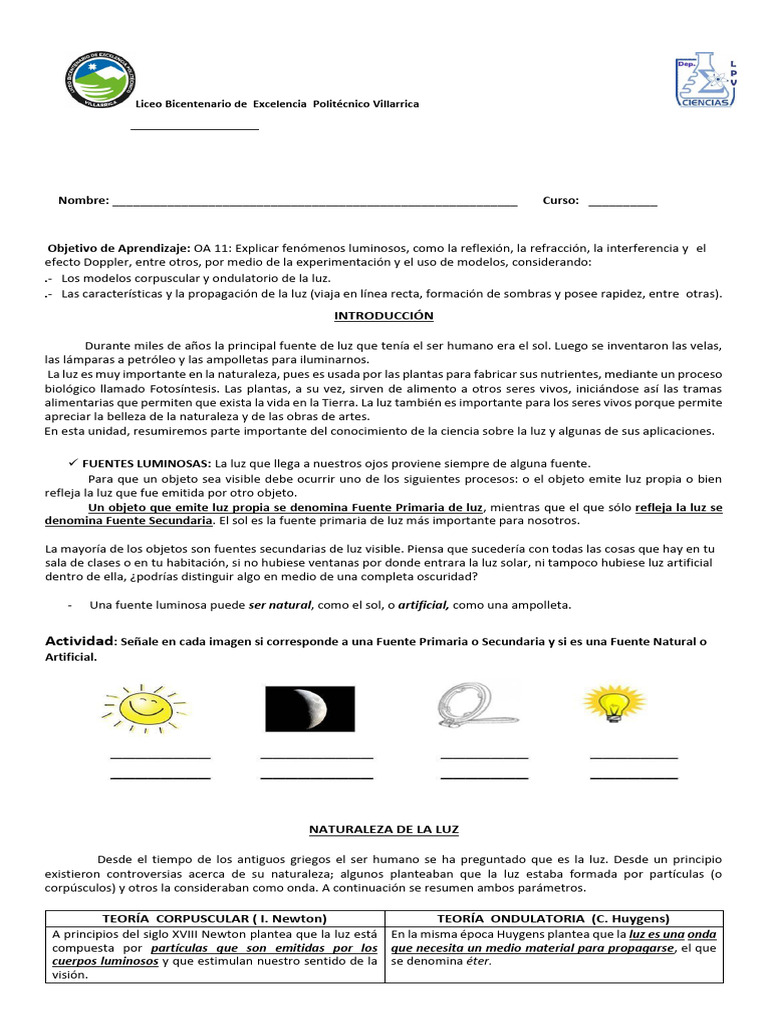 Guia 6 Luz 1ro Medio (1) | PDF | Ligero | Olas