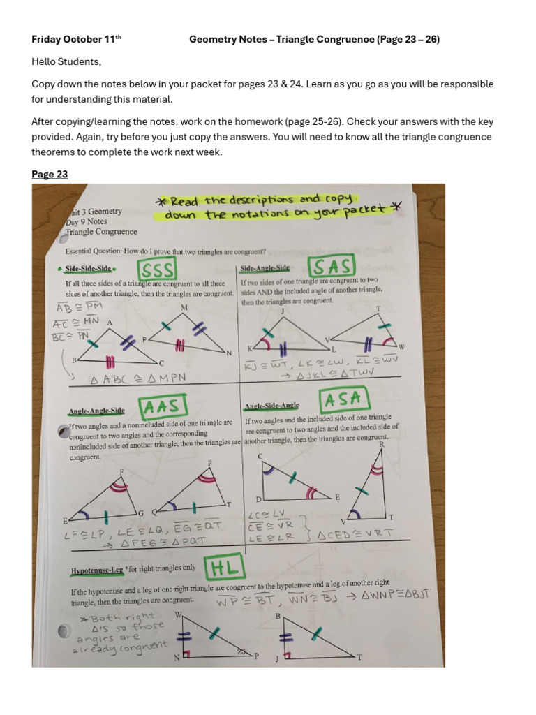 Triangle Congruence Theorem Notes (10.11.24) | PDF