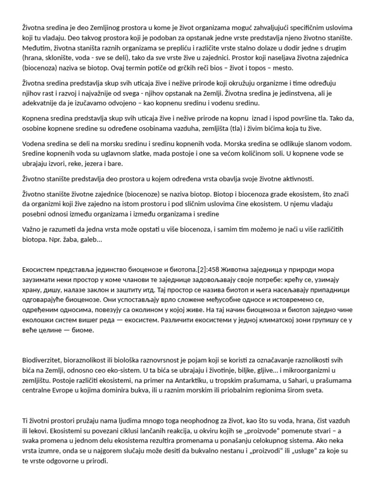 Životna Sredina Je Deo Zemljinog Prostora U Kome Je Život Organizama ...