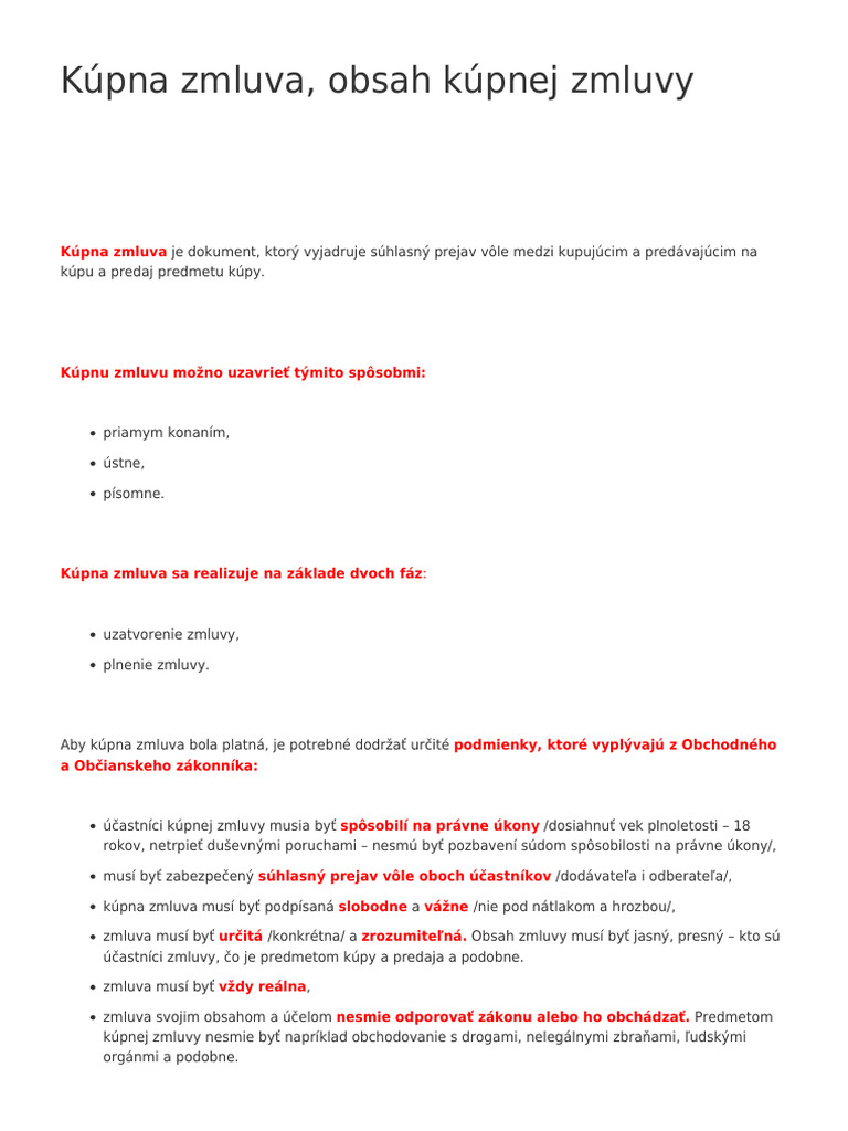 Kupna Zmluva Náležitosti Kupnej Zmluvy | PDF