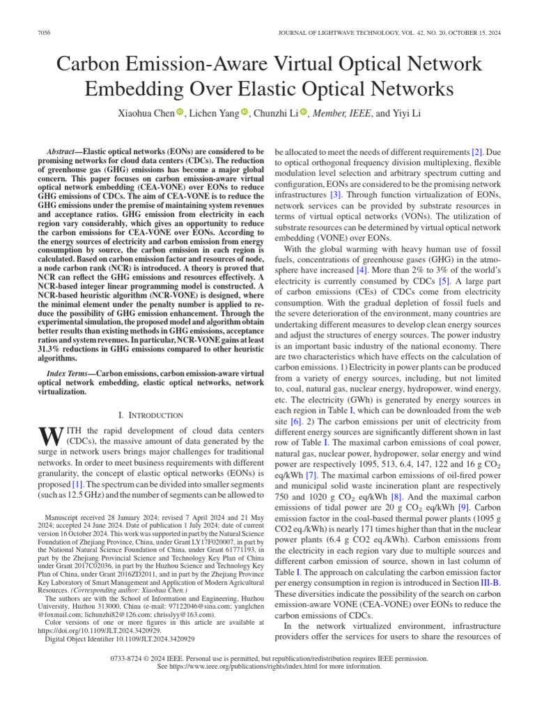 Carbon Emission-Aware Virtual Optical Network Embedding Over Elastic Optical Networks | PDF ...