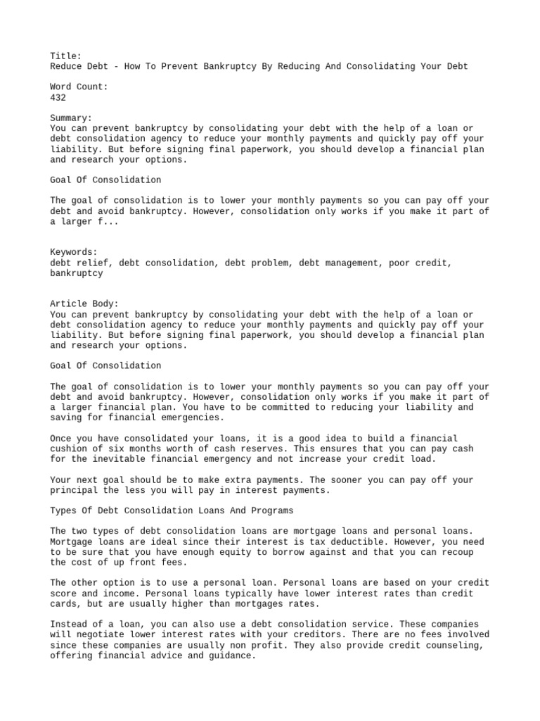 Reduce Debt - How To Prevent Bankruptcy by Reducing and Consolidating ...