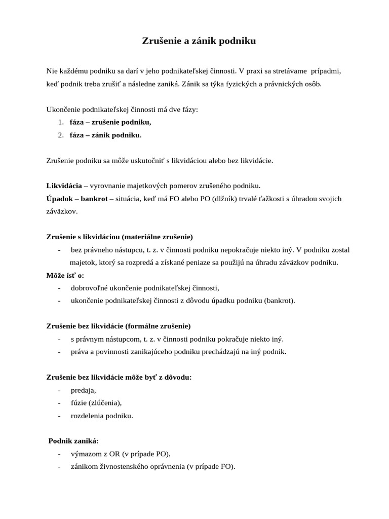 Zrušenie A Zánik Podniku | PDF