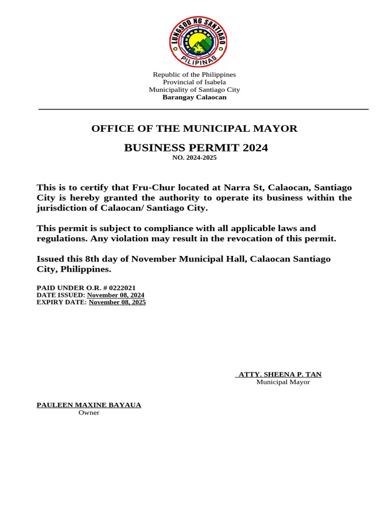 Barangay Business Permit of Fru Churcertificate | PDF