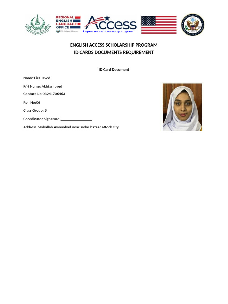 Roll No. (6) FIZA JAVED Student Card | PDF