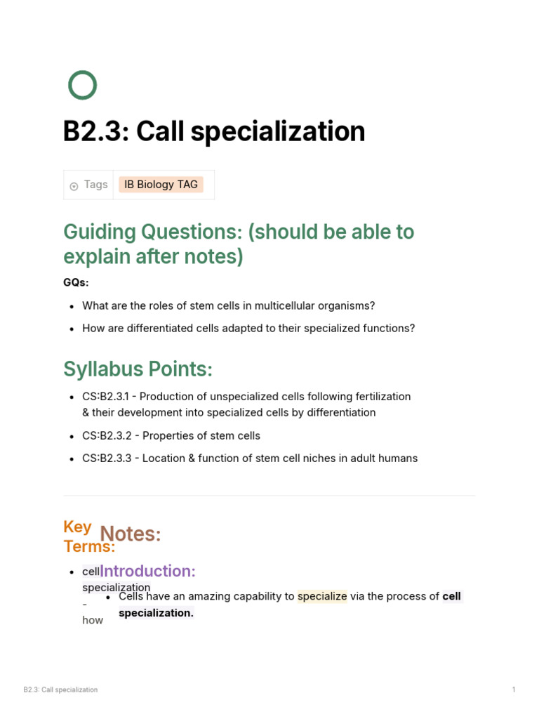B2.3 Cell Specialization | PDF | Cellular Differentiation | Stem Cell