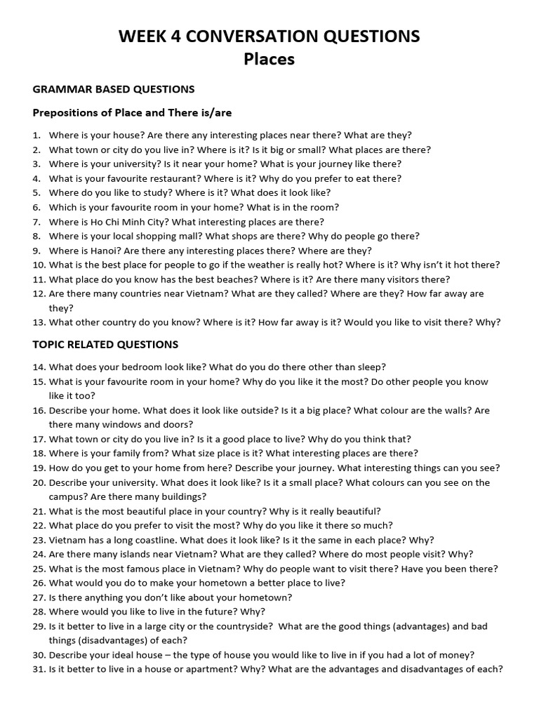Week 4 Conversation Questions: Places | PDF