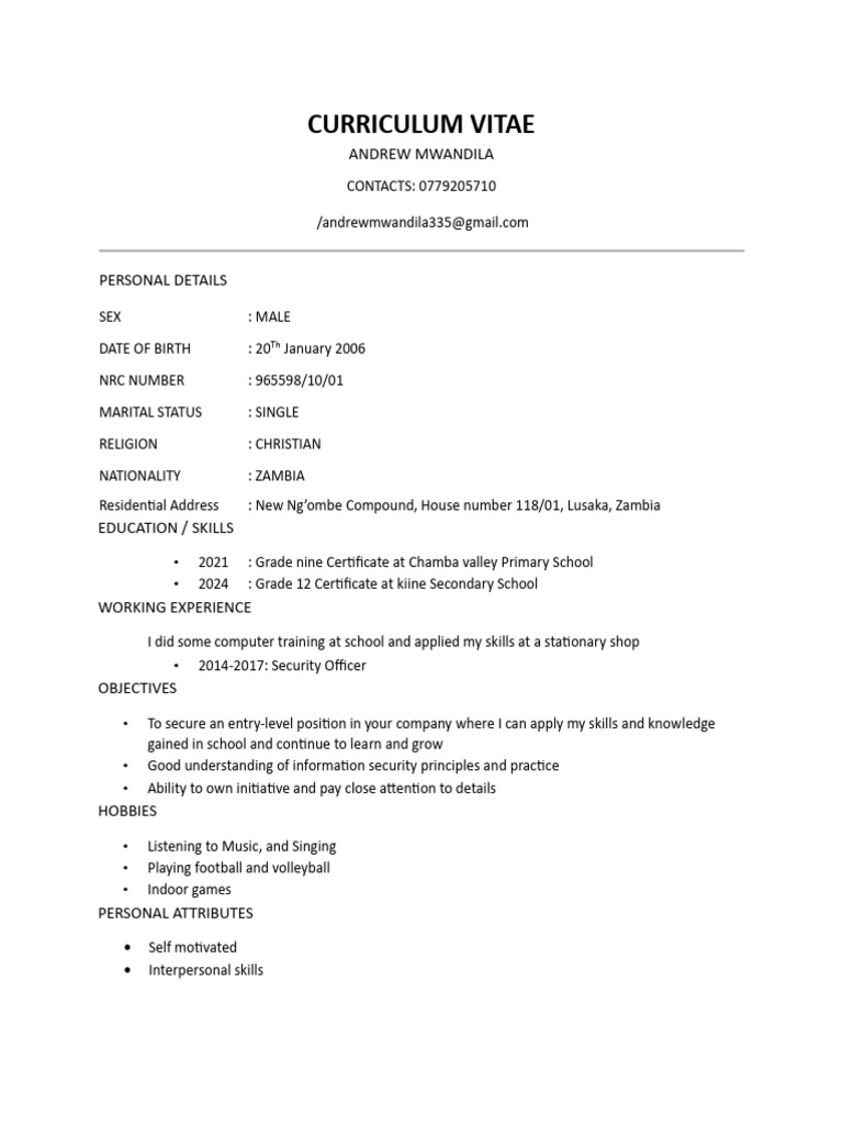 Andrew Mwandila's Curriculum Vitae | PDF