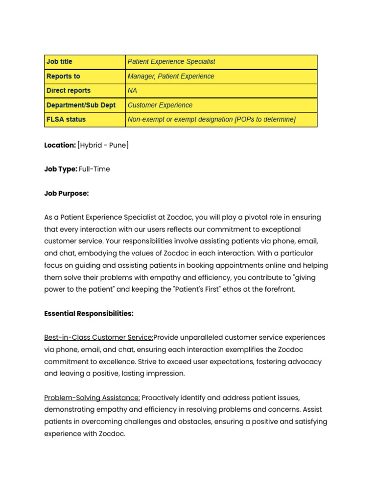 Patient Experience Specialist Role at Zocdoc | PDF | Performance ...