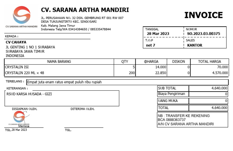 Invoice - CV Cahaya - 28 Maret 2023 | PDF