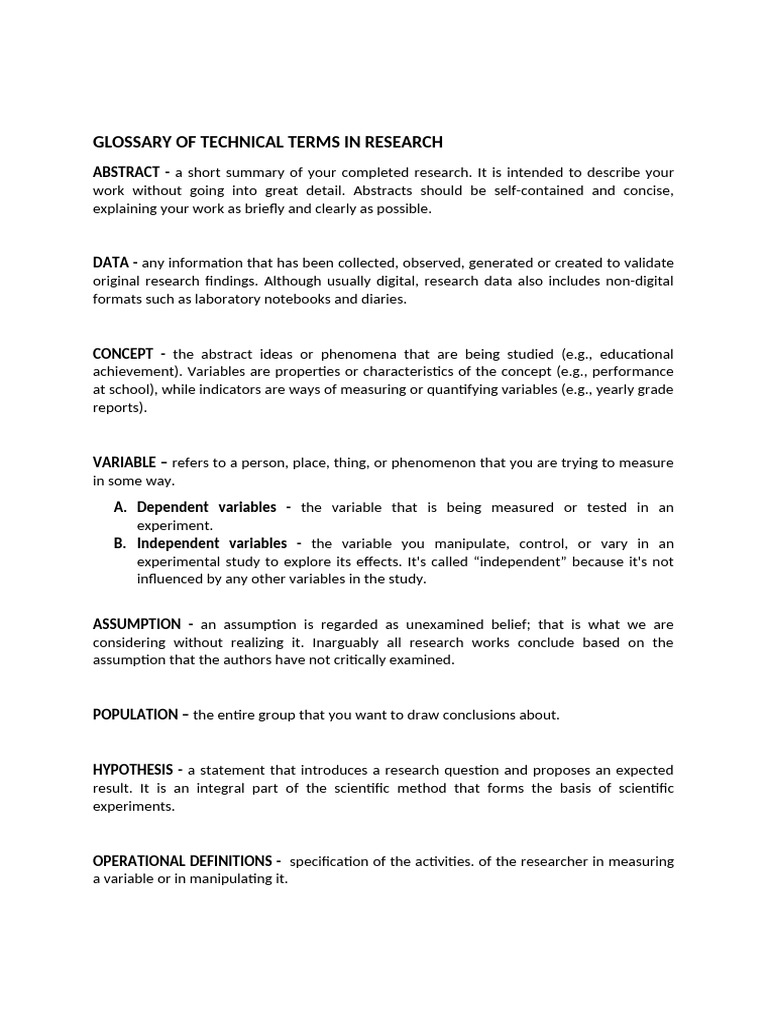 Glossary of Technical Terms in Research | PDF | Experiment | Methodology