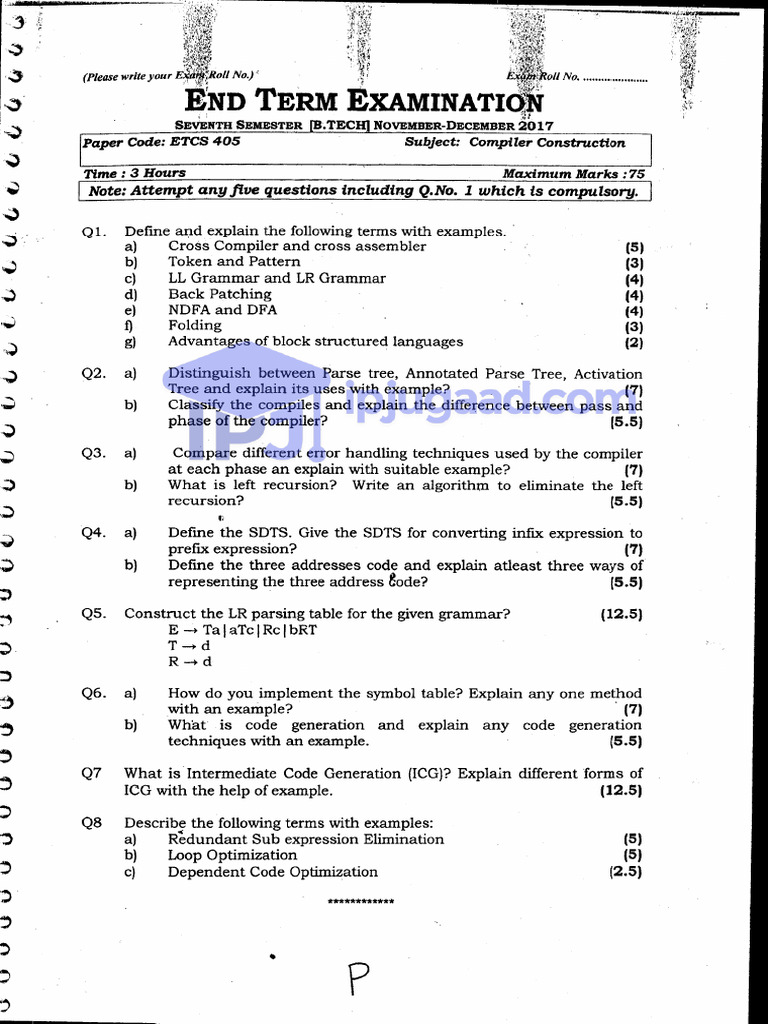 Ipjugaad - B Tech 7th Sem Compiler Construction Paper 2017 | PDF