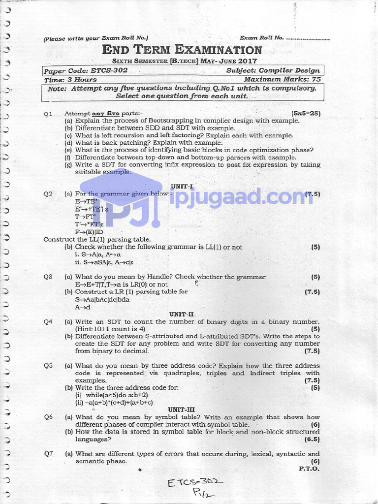 Ipjugaad - B Tech 6th Sem Compiler Design Paper 2017 | PDF