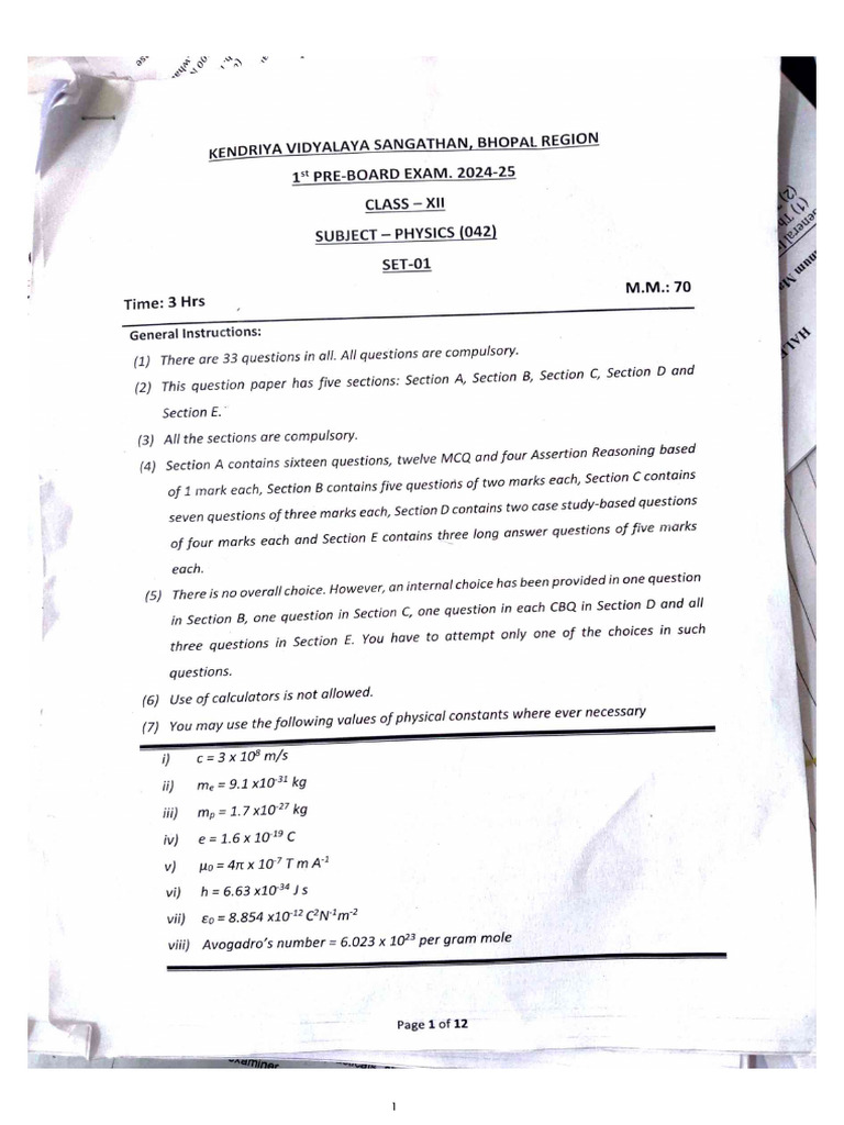 Class 12 Physics PB 1 QP and Ms Bho | PDF