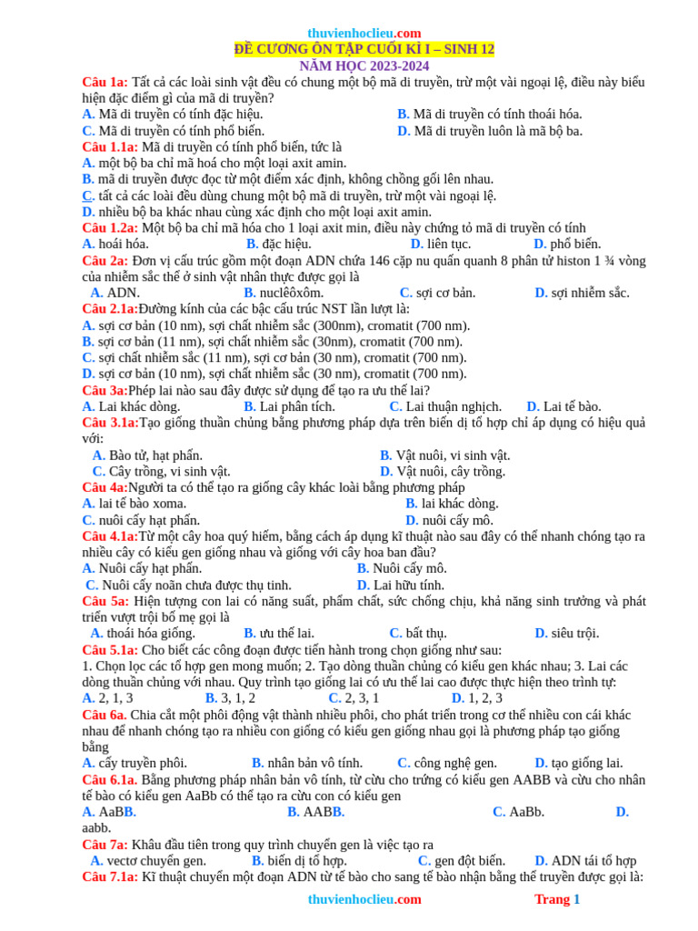 De Cuong Kiem Tra HK1 Sinh 12 Nam 23 24 | PDF