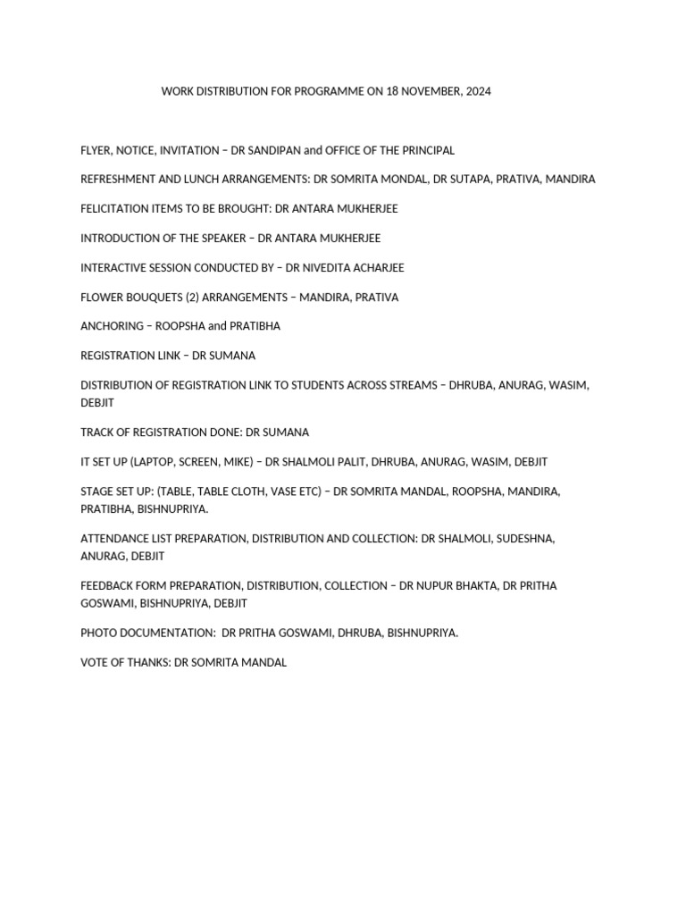 Work Distribution For Programme On 18 November | PDF