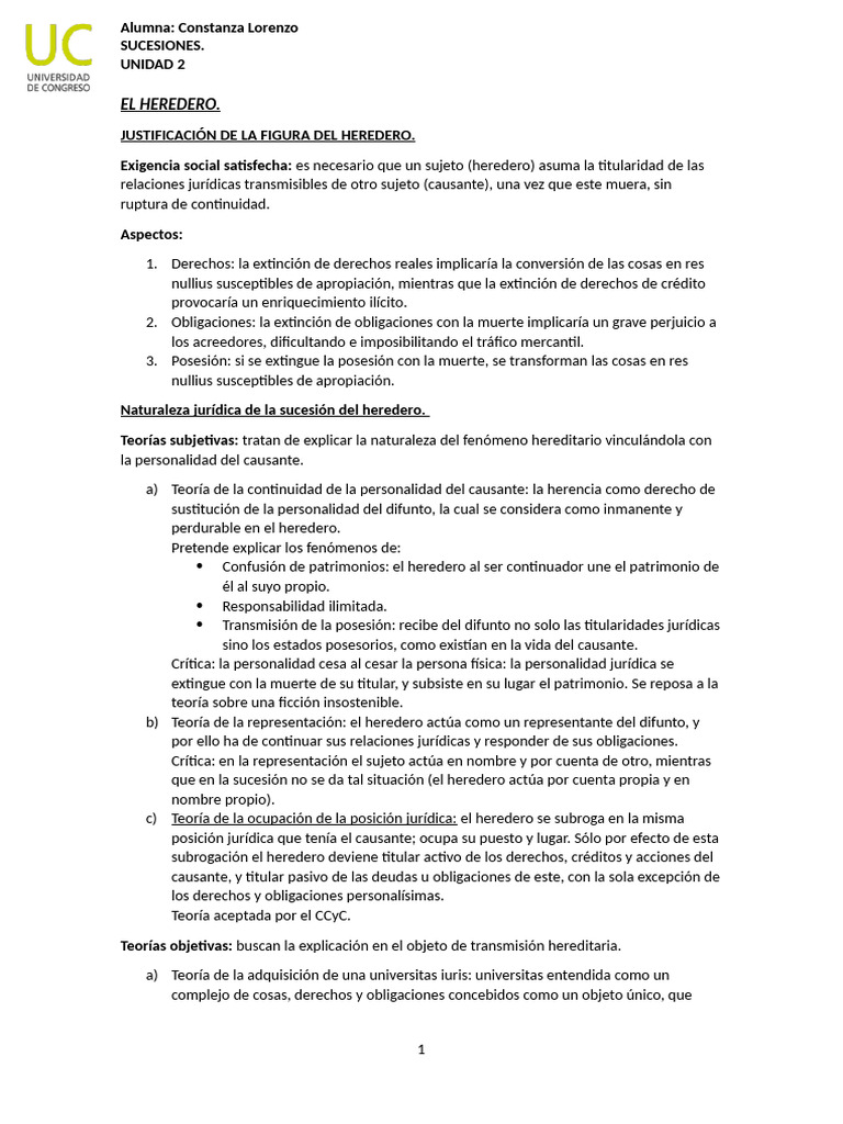 Unidad 2 - Resumen Sucesiones | PDF | Herencia | Bienes (Ley)