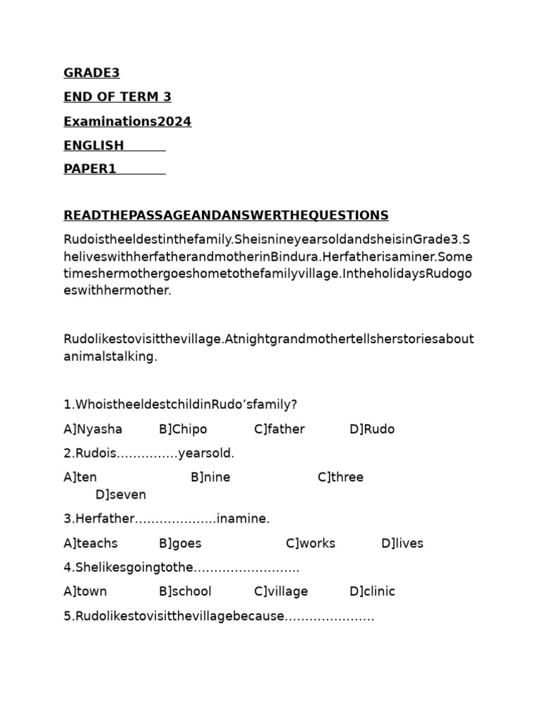 Grade 3 End of Year English Paper 1 | PDF